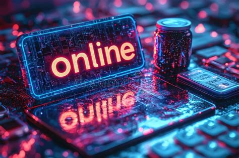 Neon Futuristic Technology Setup Highlighting Digital Interfaces And Online Connectivity Stock