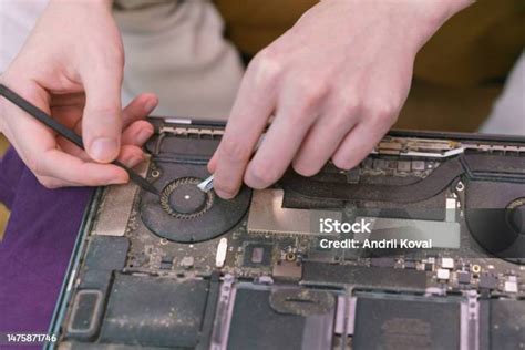 사람의 손은 먼지와 더러운 노트북에서 냉각 팬을 청소합니다 수리 판 팬 내부 공책 기술자 깨끗이 세부 분해 문제 기술 설정 과열