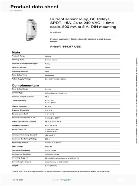 Schneider Electric Se Relays Control Relays 841cs5 Uni Pdf Relay Switch