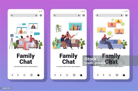 세트 믹스 경주 조부모 부모와 비디오 통화 가족 채팅 통신 중에 가상 회의를 갖는 아이들 가공의 인물에 대한 스톡 벡터 아트 및 기타 이미지 가공의 인물 가상현실