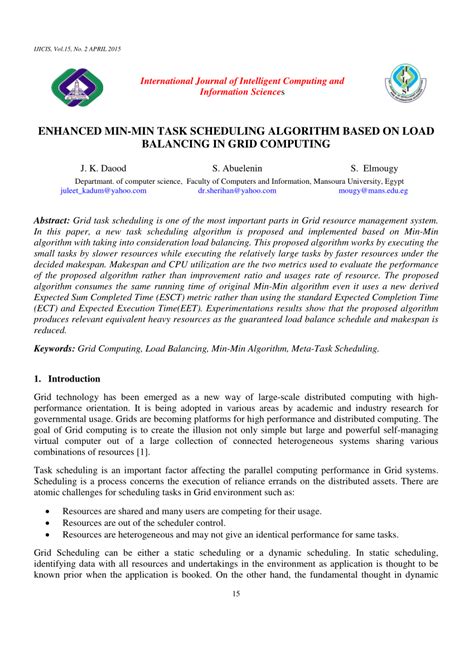 Pdf Enhanced Min Min Task Scheduling Algorithm Based On Load Balancing In Grid Computing