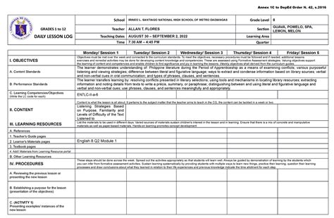 new dll template annex 1c to deped order n 42 s school irineo l santiago national high