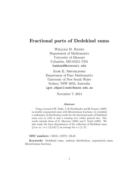 Pdf Fractional Parts Of Dedekind Sums