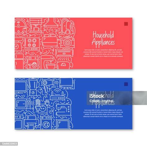 가전 제품 관련 개체 및 요소 손으로 그린 벡터 낙서 일러스트 레이션 컬렉션 다른 가전 제품 개체가 있는 배너 템플릿 진공청소기에 대한 스톡 벡터 아트 및 기타 이미지