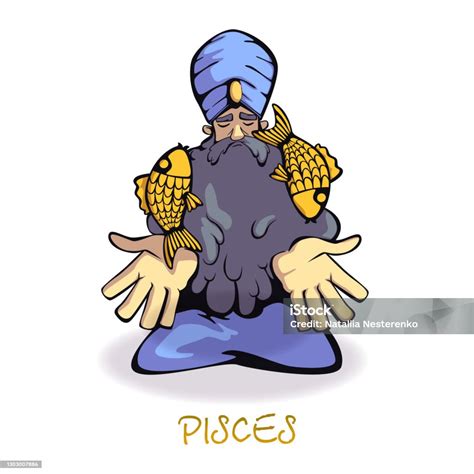 물고기자리 조디악 사인 남자 플랫 만화 벡터 일러스트 물고기 물 기호와 인도 사제 상업용 애니메이션 인쇄 설계에 2d 문자 템플릿을 사용할 준비가 되었습니다 고립 된 만화