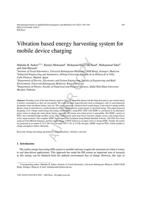 Pdf Vibration Based Energy Harvesting System For Mobile Device Charging