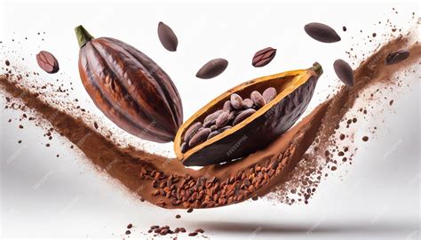 Premium Photo Cocoa Fruit Cacao Beans With Cocoa Nibs And Chocolate Powder Flying In The Air