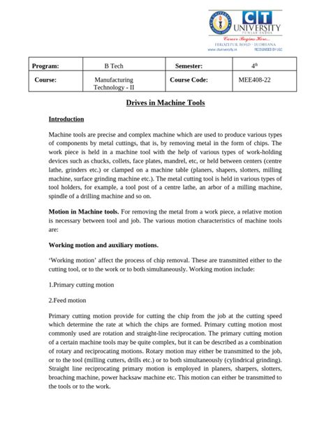 Unit 1 Kinematics Of Machine Tools And Metal Cutting Pdf