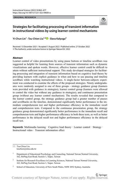 Strategies For Facilitating Processing Of Transient Information In Instructional Videos By Using