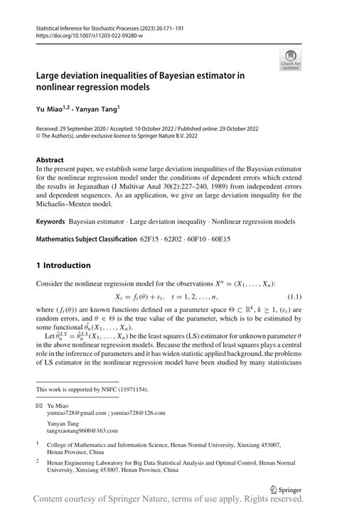 Large Deviation Inequalities Of Bayesian Estimator In Nonlinear Regression Models Request Pdf