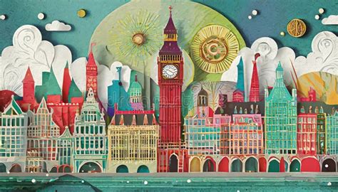 London City Colourful Illustration Paper Cutout Style Stock