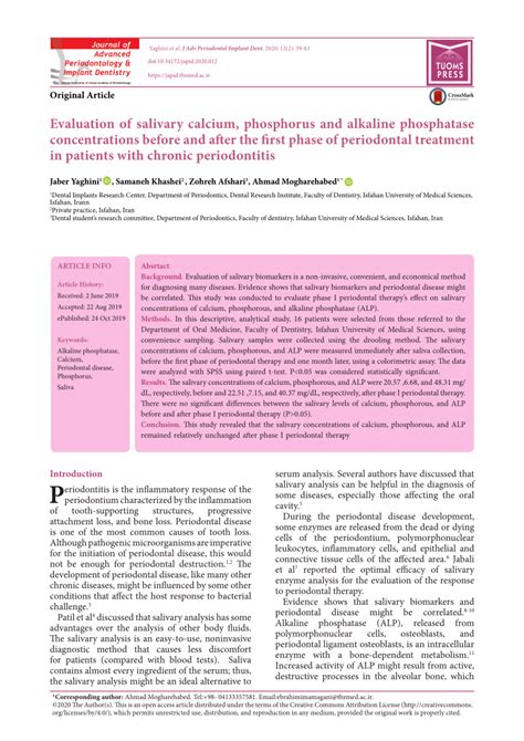 Pdf Evaluation Of Salivary Calcium Phosphorus And Alkaline Phosphatase Concentrations Before