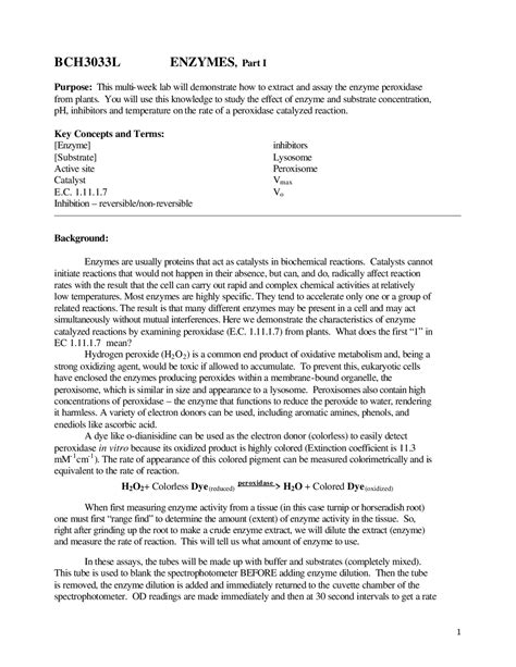 General Biochemistry Laboratory Enzymes Part 1 Bch 3033 Docsity