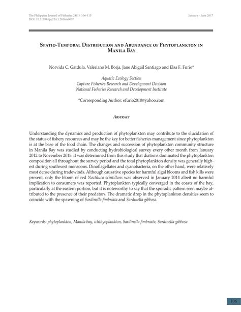 Pdf Spatio Temporal Distribution And Abundance Of Phytoplankton In Manila Bay