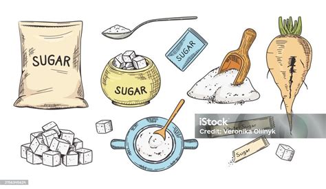 손으로 그린 백설탕 사탕무 과립 및 큐브를 스케치합니다 가방 막대기 및 그릇 벡터 일러스트 레이 션 세트에 포장되어 있습니다 설탕에 대한 스톡 벡터 아트 및 기타 이미지