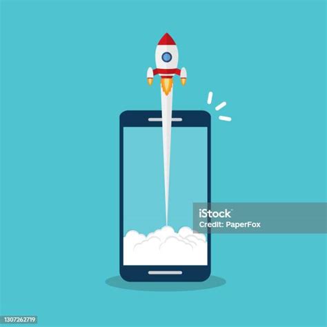 앱 실행 시작 벡터 개념 플랫 만화 로켓 또는 로켓 발사 휴대 전화 또는 스마트 폰 성공적인 비즈니스 프로젝트 시작의 아이디어