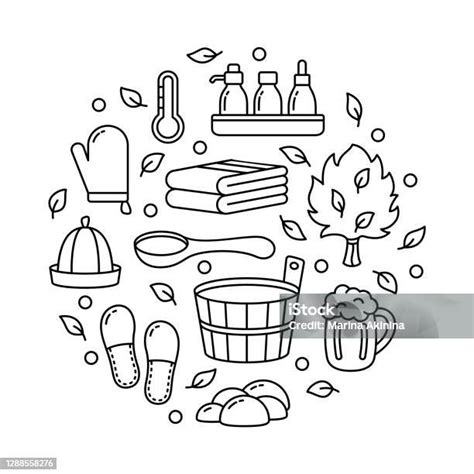 사우나 또는 목욕 세트 스파 엠블럼 라벨 인쇄 포스터그래픽 라운드 템플릿 블랙 라인 아트 일러스트레이션 0명에 대한 스톡 벡터 아트 및 기타 이미지 Istock