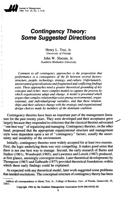 Pdf Contingency Theory Some Suggested Directions