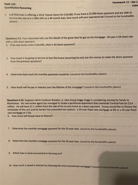 Solved Math 123 Quantitative Reasoning Homework 11 Sec 1