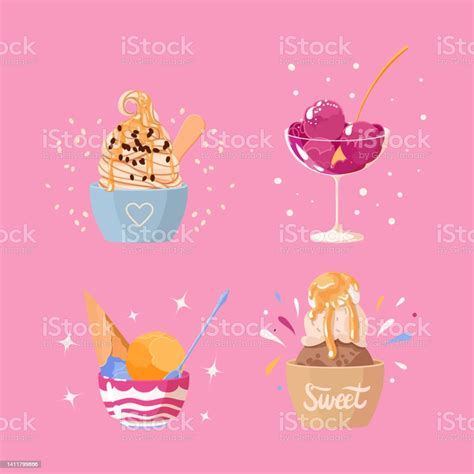 귀여운 아이스크림 상쾌한 디저트 벡터 세트 유리 그릇과 와플 컵에 공과 부드러운 아이스크림 여름 냉동 과자 그림 선데에 대한 스톡 벡터 아트 및 기타 이미지 Istock