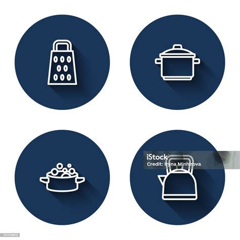 긴 그림자가 있는 손잡이가 있는 강판 요리 냄비 및 주전자를 설정합니다 파란색 원 버튼 벡터 강철에 대한 스톡 벡터 아트 및 기타 이미지 Istock