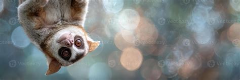 Slow Loris Hanging Upside Down Against Dreamy Bokeh Background In Lush Habitat Filled With Soft