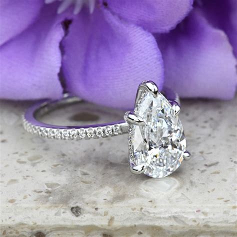 3 Carat Lab Grown Pear Diamond Pave Engagement Ring With Diamond Prongs