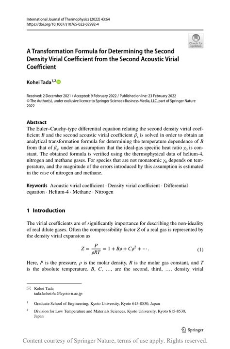 A Transformation Formula For Determining The Second Density Virial Coefficient From The Second