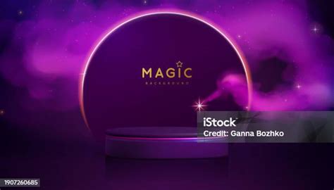 3d 연단과 Purpure 안개 또는 증기가 있는 마법의 보라색 쇼케이스 배경 빛나는 반짝이는 흔적 벡터 일러스트 레이 션 3차원 형태에 대한 스톡 벡터 아트 및 기타