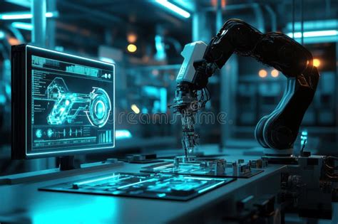 A Robotic Arm Precisely Assembles Intricate Machinery In A Sleek Modern Lab Filled With Glowing