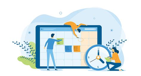 웹 방문 배너 배경 개념에 대한 온라인 캘린더 및 벡터 일러스트 디자인으로 비즈니스 스케줄 계획을 위해 일하는 플랫 디자인 컨셉 피플 팀 벽 시계에 대한 스톡 벡터 아트 및