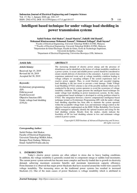 Pdf Intelligent Based Technique For Under Voltage Load Shedding In