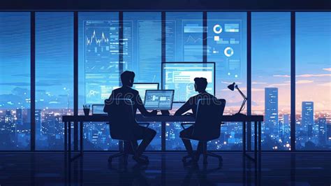 Team Collaboration In Office With Data Visualization On Digital Screens Stock Illustration