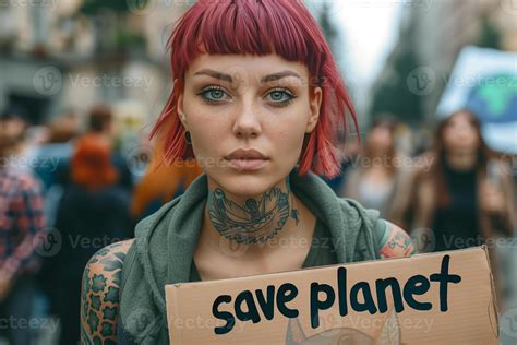Environmental Protection Demonstration Female Eco Activist Holding A