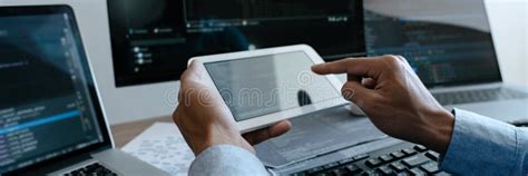 Programmer Working On Computer In It Office Typing Data Coding In