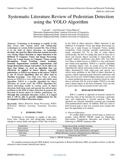 Systematic Literature Review Of Pedestrian Detection Using The Yolo