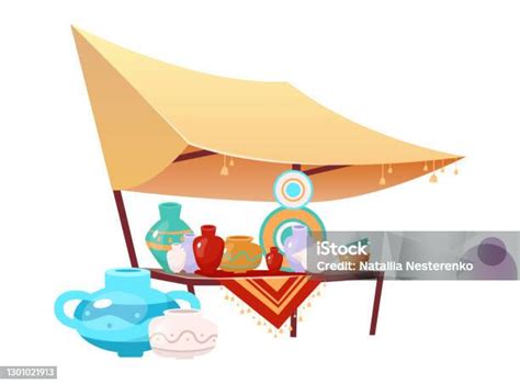 수제 도자기 만화 벡터 일러스트가 있는 바자 어닝 이집트 이스탄불 시장 텐트 플랫 컬러 개체 흰색 배경에 고립 된 수공예