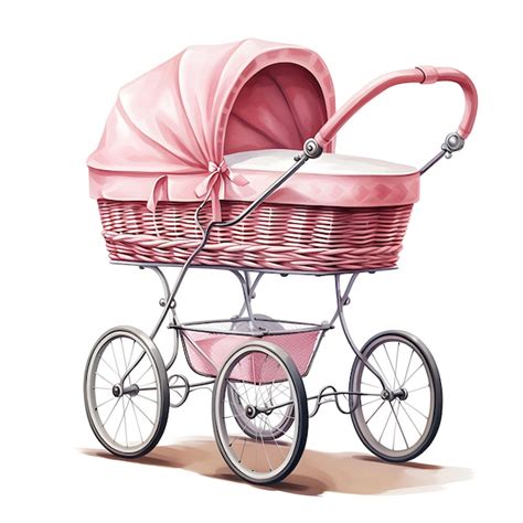 Colorful Dolls Pram Toy Wicker And Metal White And Pink Woven Design