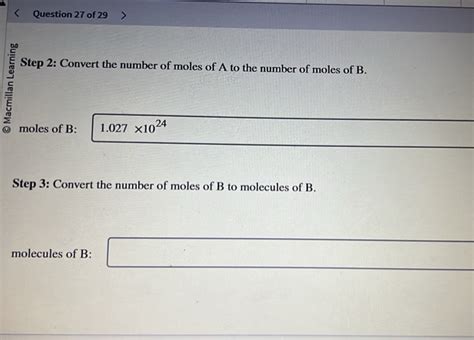 Solved Question 27 Of 29 ~ Step 2 Convert The Number Of Moles Of A To The Number Of Moles Of B
