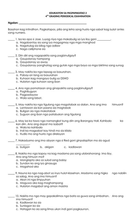 Esp Fourth Grading Examination Document Docx