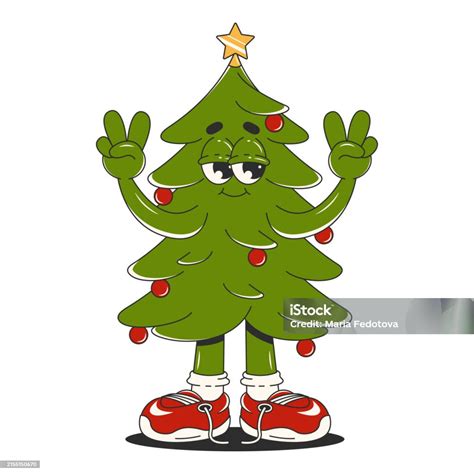 빨간 공이 있는 크리스마스 트리는 평화의 손 표시를 만듭니다 그루비 만화 캐릭터 레트로 크리스마스 60 년대 70 년대 분위기 고립된 벡터 일러스트레이션입니다 1960