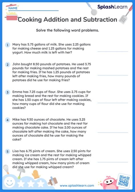 Add And Subtract Same Decimal Places Cooking Word Problems Worksheet
