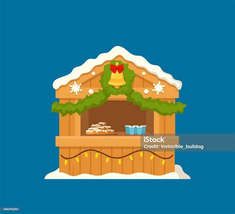 갈랜드 전나무 가지 종으로 장식된 윈터 베이크 하우스 달콤한 음식과 음료를 곁들인 크리스마스 마켓 스톨 시장 소매점에 대한 스톡