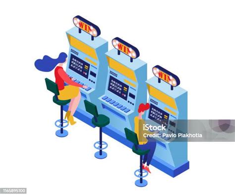 아이소메트릭 벡터 일러스트레이션을 재생하는 슬롯 머신 잭팟 3d 문자를 승리 하나의 팔 산적을 재생 도박꾼 도박 사업 현대 중독성 엔터테인먼트 산업 고립 된 색상 클립 아트