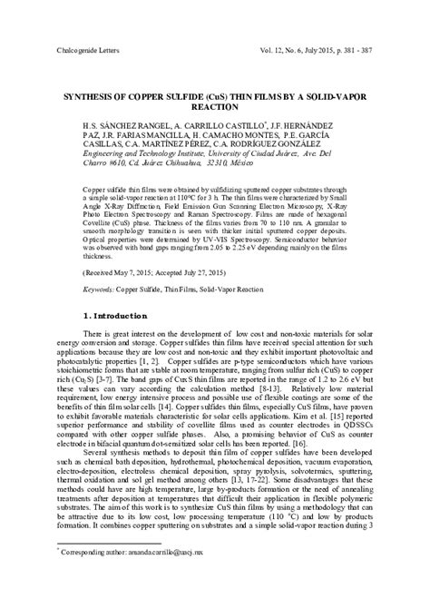 Pdf Synthesis Of Copper Sulfide Cus Thin Films By A Solid Vapor Reaction