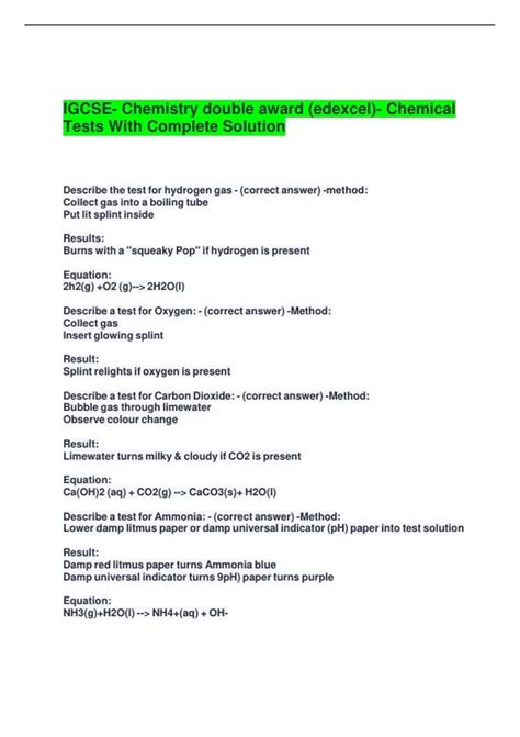 Igcse Chemistry Double Award Edexcel Chemical Tests With Complete Solution Igcse Stuvia Us