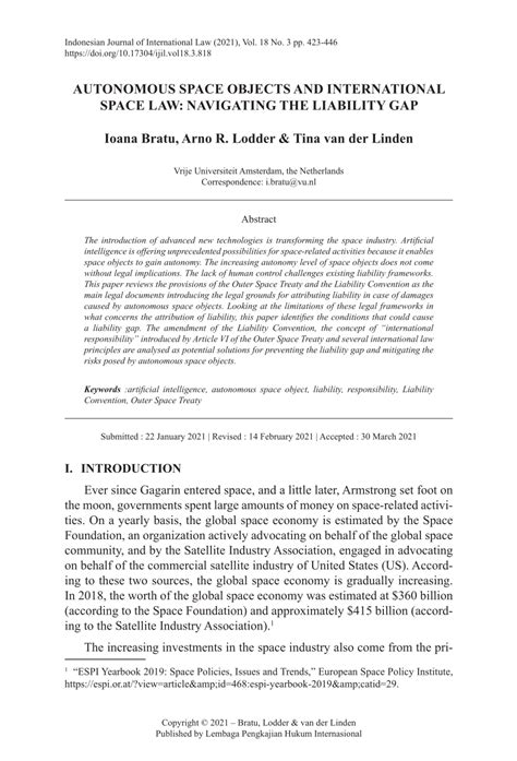 Pdf Autonomous Space Objects And International Space Law Navigating The Liability Gap
