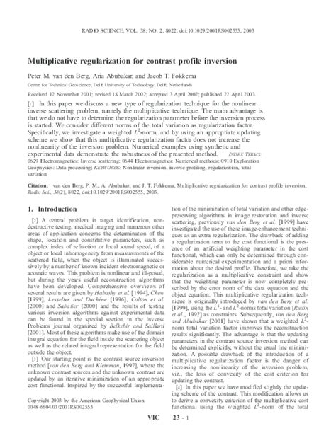 Pdf Multiplicative Regularization For Contrast Profile Inversion