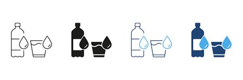 물병과 유리 물방울 선 실루엣 아이콘 세트 벽지 깨끗한 물과 수분 유지 윤곽선과 단단한 상징 편집 가능한 스트로크 고립 된 벡터 일러스트 레이 션 건강관리와 의술에 대한