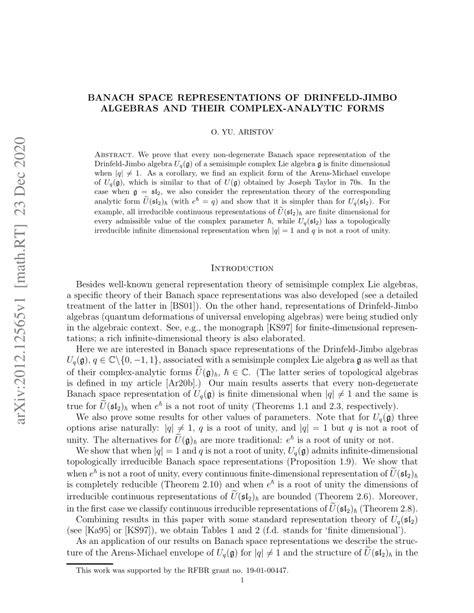 Pdf Banach Space Representations Of Drinfeld Jimbo Algebras And Their Complex Analytic Forms